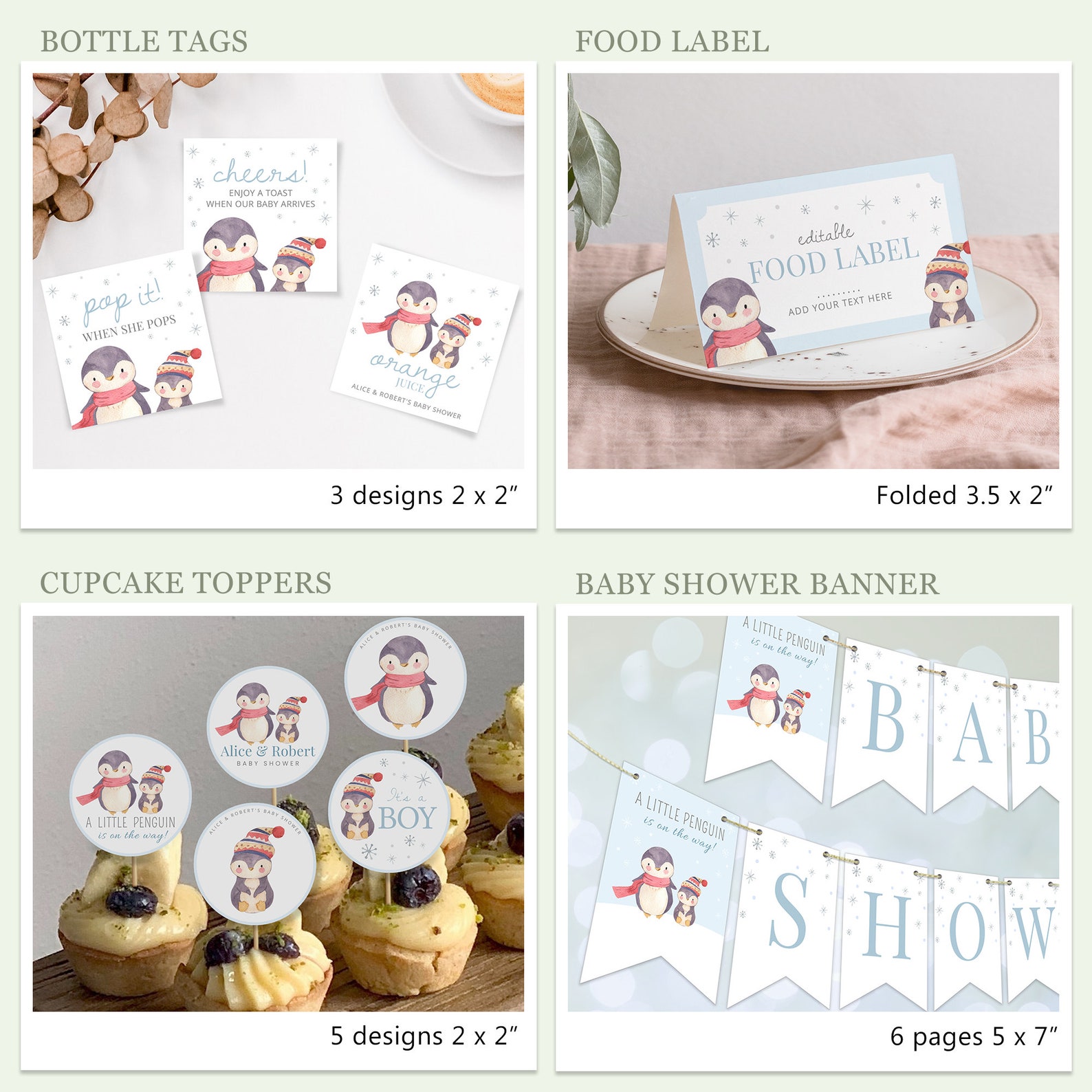 Editable Penguin Baby Shower Bundle, Winter Party Collection, Modern ...