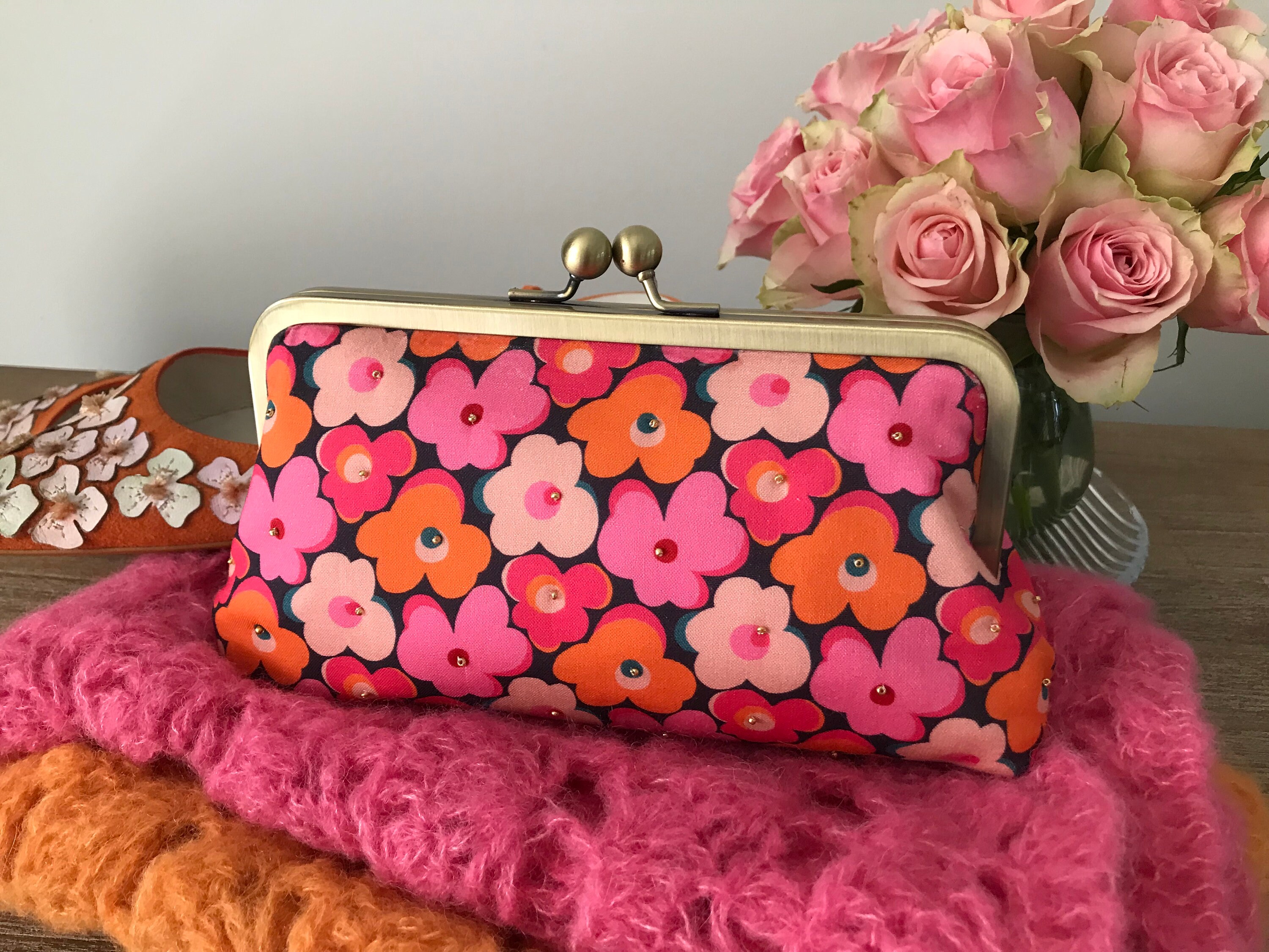 Clutch Purse/bag Modern Bright Retro Pink /orange Daisy Print on Cotton ...