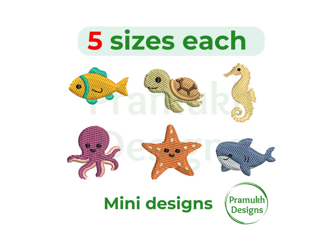 Mini Sea Animals Embroidery Design Set (1–2 Inch) – Fish, Turtle ...