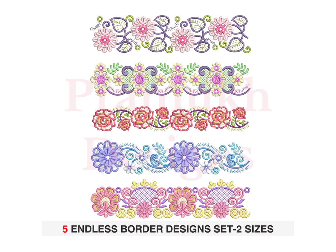 5 Flower Embroidery Border Designs Bundle - 2 Sizes - Instant Digital ...