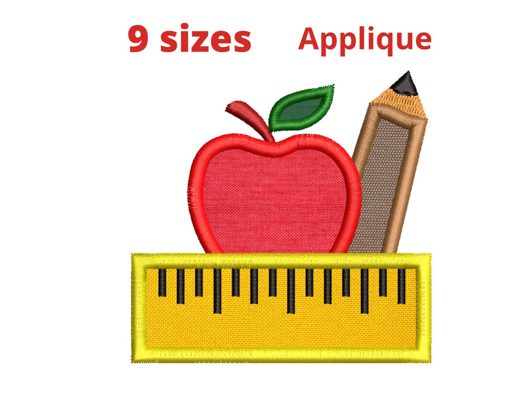Back to School Pencil Ruler Apple Applique Machine Embroidery Design ...