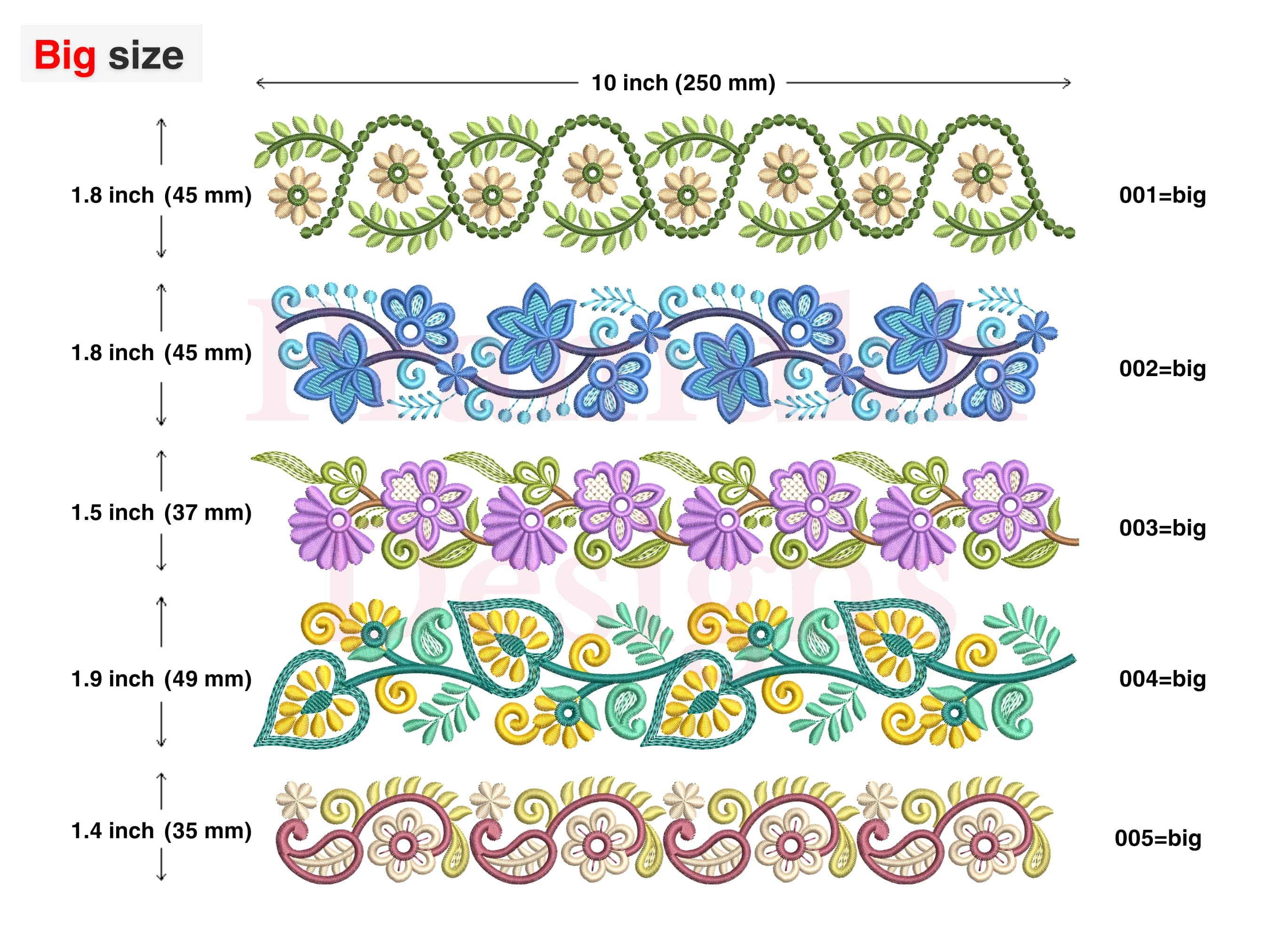 5 Floral Embroidery Border Designs Bundle 2 Sizes Instant Digital ...