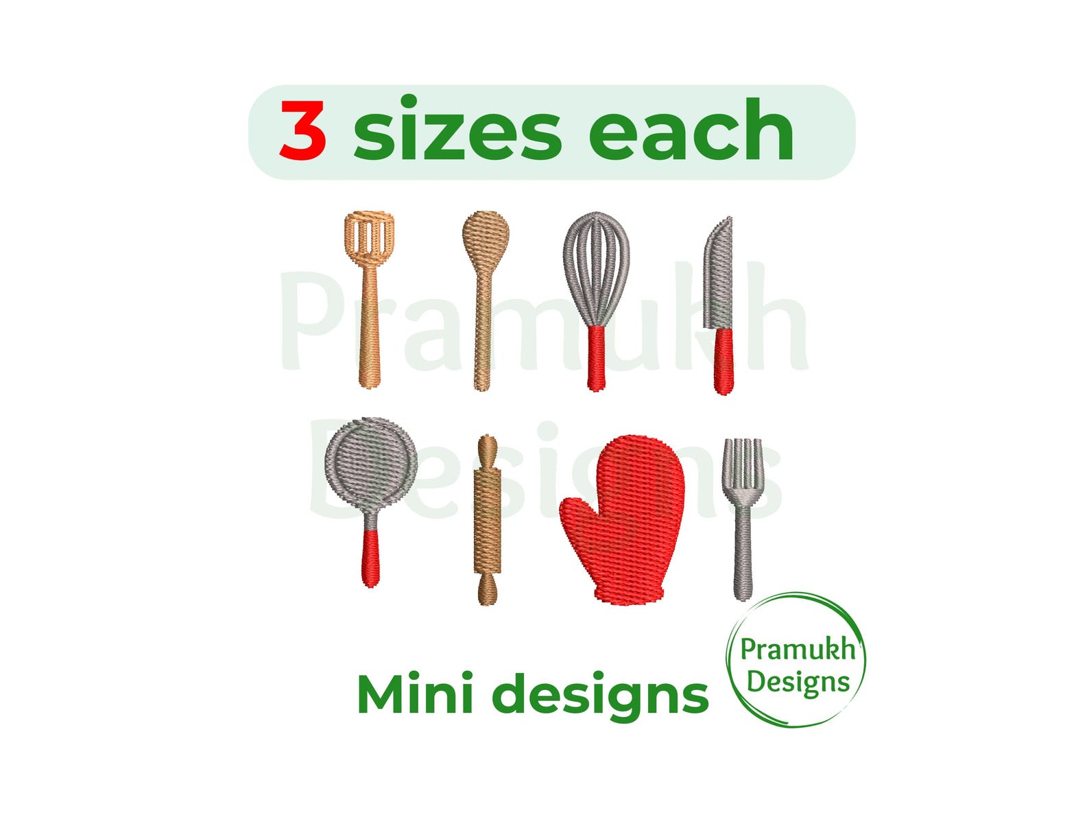 Mini Kitchen Embroidery Design Set (1–2 Inch) – Fork, Frying Pan, Knife ...