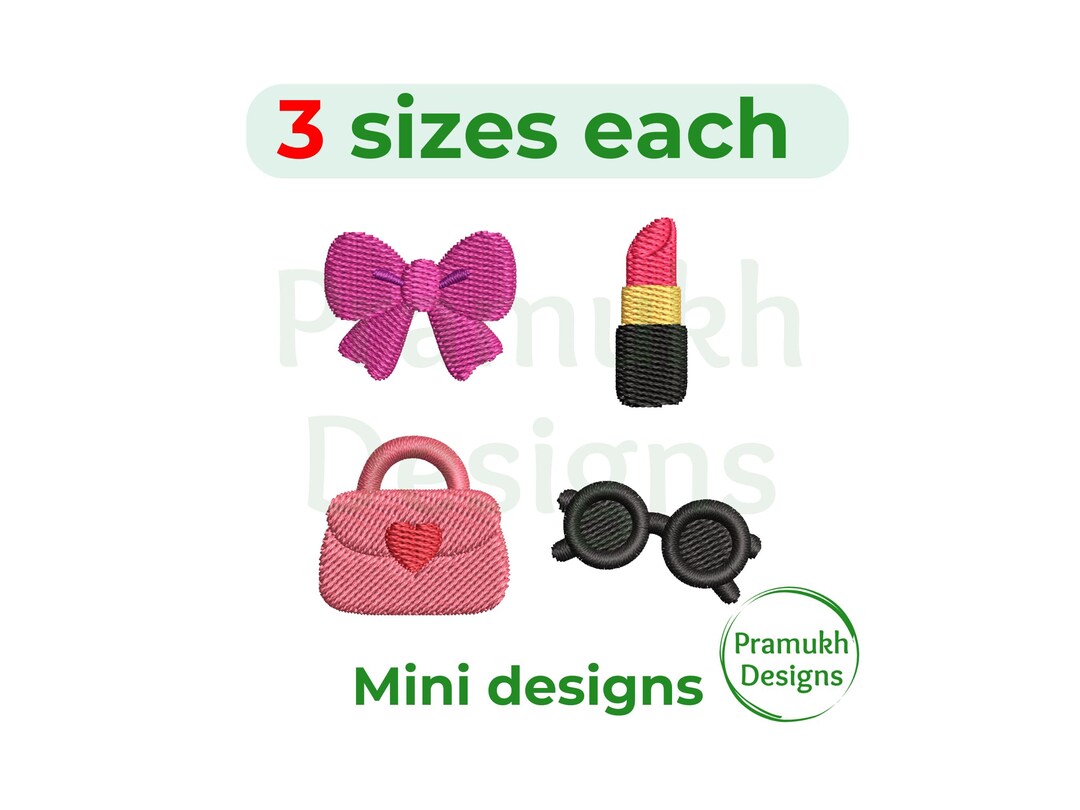 Girl Mini Embroidery Design Set– (1-2 Inch) – Bow, Lipstick, Purse ...