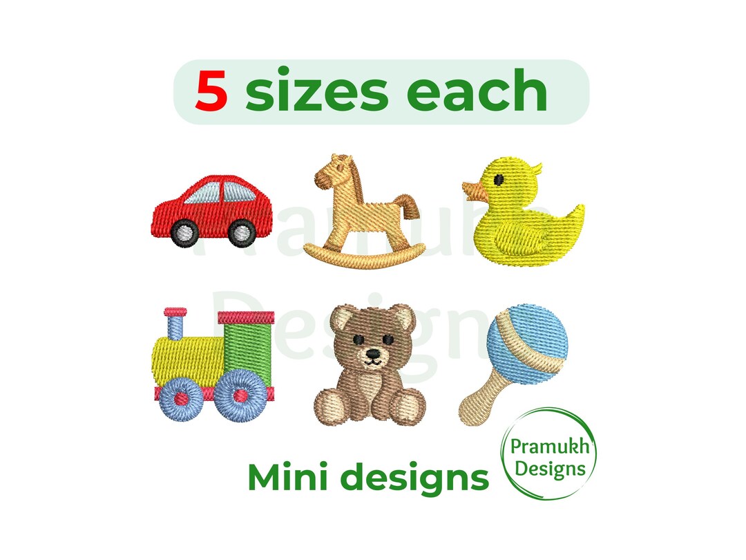 Mini Toys Embroidery Design Set (1–2 Inch) – Car, Rocking Horse, Rubber ...