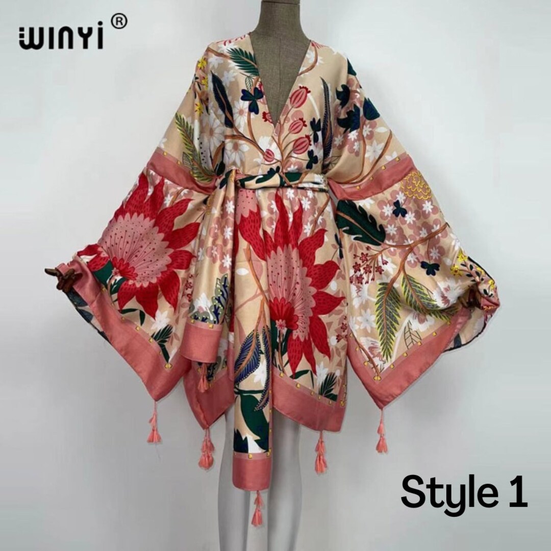 Winyi Floral Print Short Kimono Autumn Pink Flower Batwing - Etsy