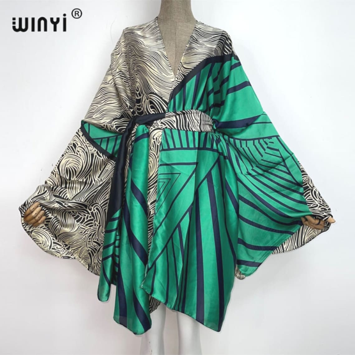 Winyi Geometric Print Short Kimono With Belt Summer Elegant - Etsy