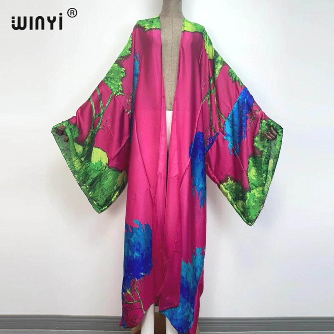 Winyi Plants Print Kimono Abstract Batwing Cardigan Cocktail Party Long ...