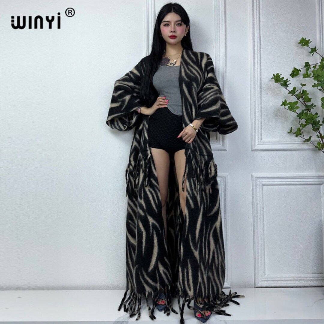 Winyi Retro Winter Oversized Kimono Tassels Christmas Day Zebra Thick ...