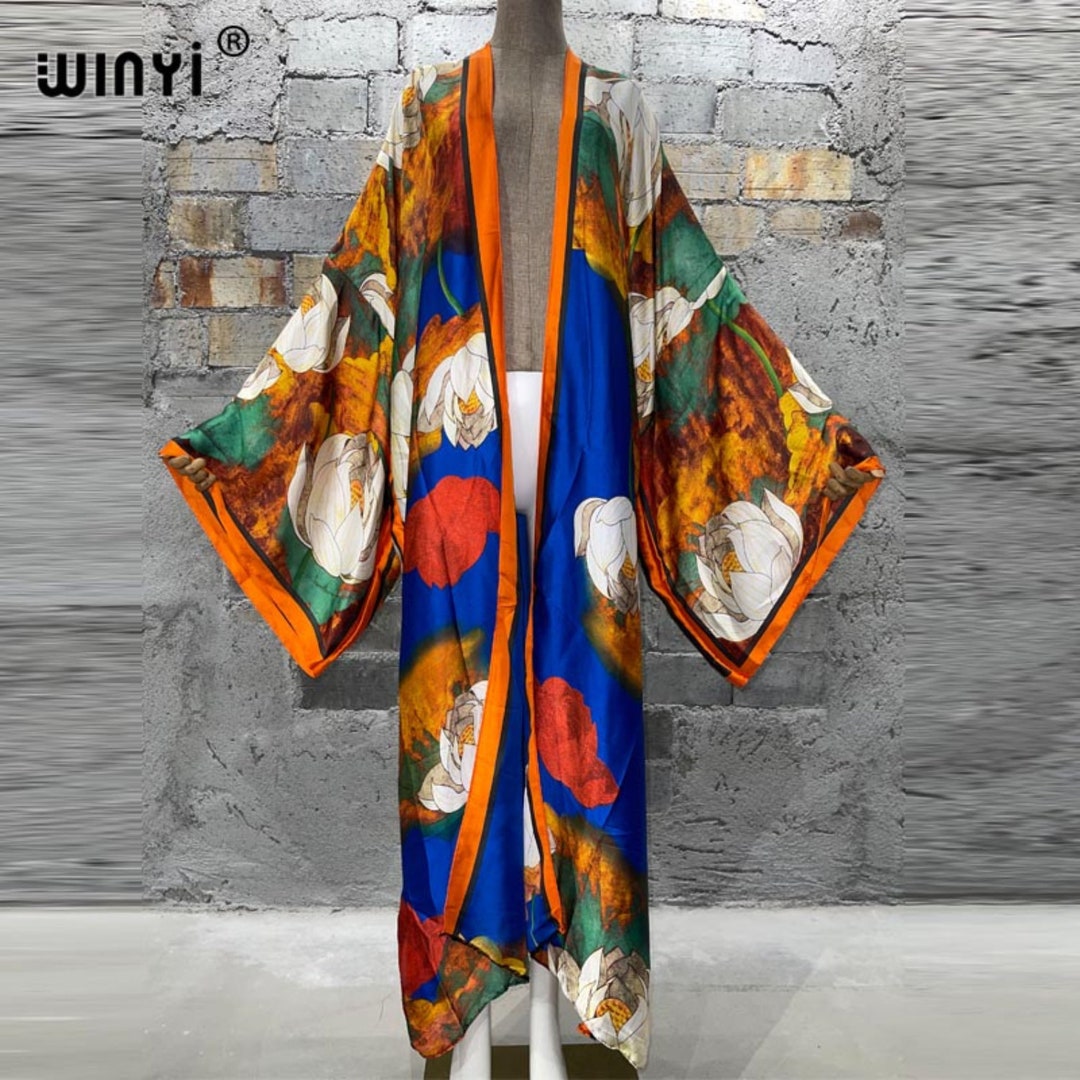 Winyi Lotus Flower Kimono White Floral Print Batwing Cardigan Cocktail ...