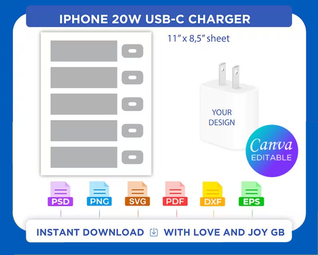 USB-C iPhone Charger Template, Svg, Png, Dxf, Eps, Canva, Label, Wrap ...