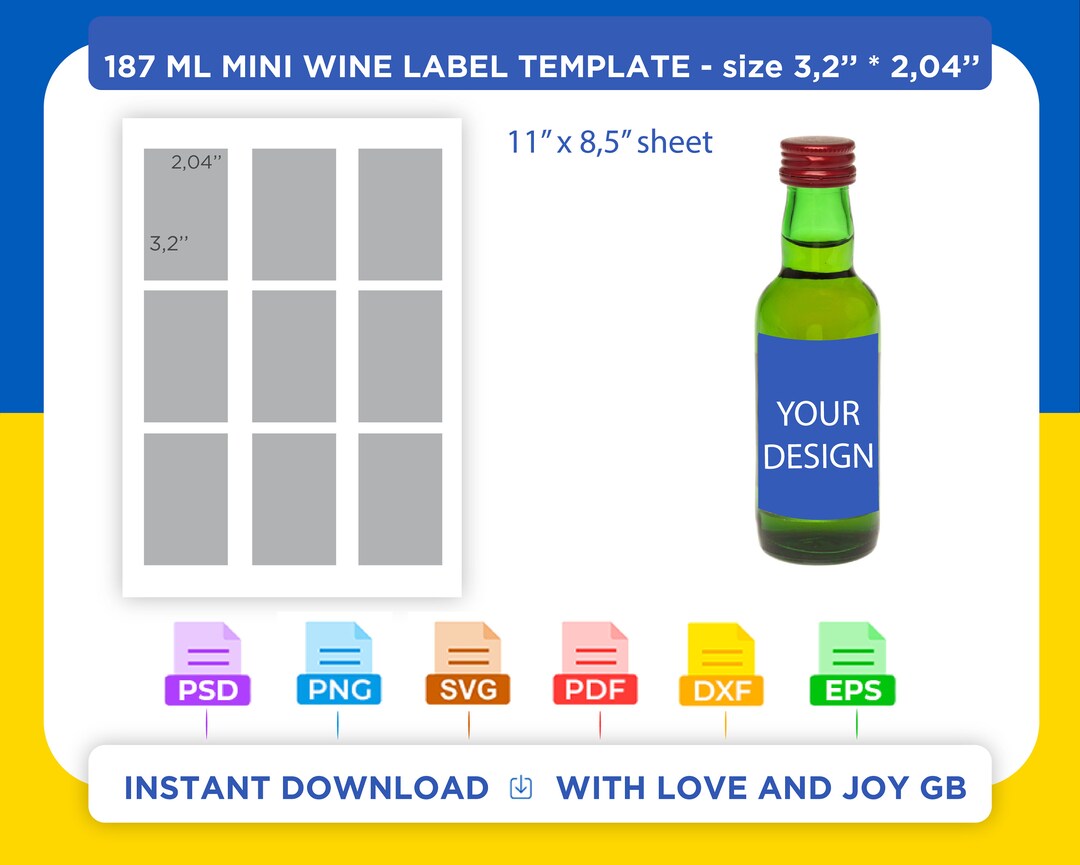 Mini Wine Bottle Template, Png, Svg, Dxf, Eps, Label, Wrapper, Canva ...