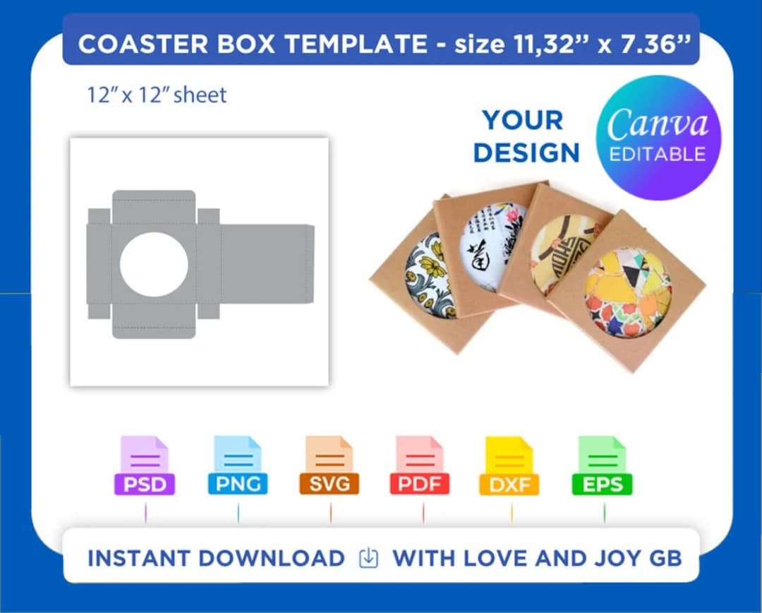 Cup Coaster Box Template, Png, Svg, Dxf, Eps, Label, Wrap, Canva ...