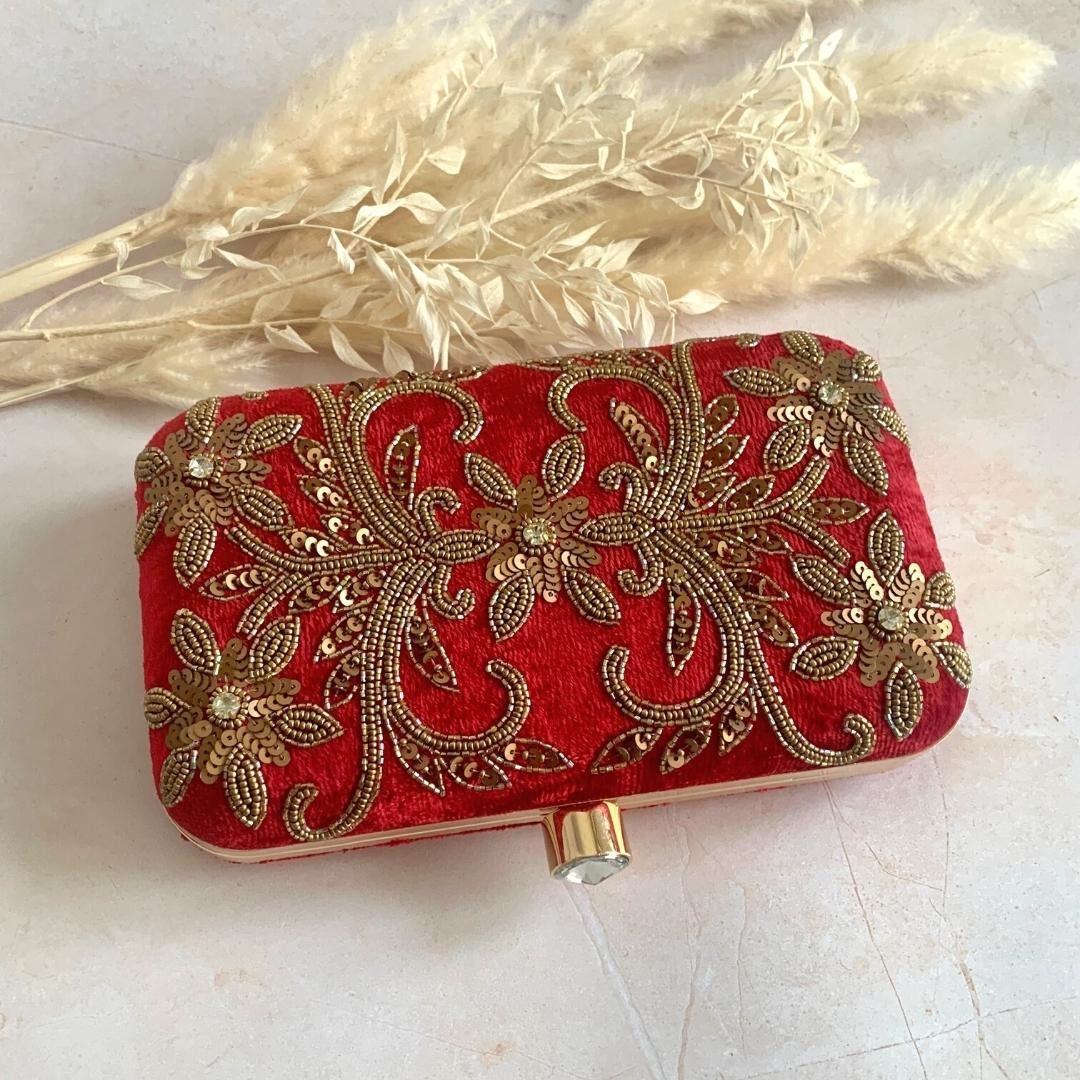 Plush Red Velvet Embroidered Embellished Clutch, Evening Clutch, Party ...