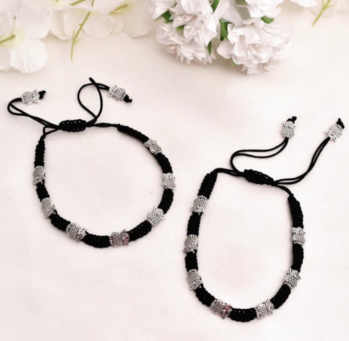925 Silver Lookalike Thread Anklet | Black Thread Beaded Floral ,turtle ...