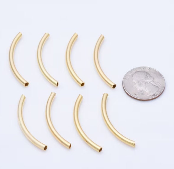 10pc 40mm Gold Curved Tube Beads, Shinny Gold Plated Pipes, 2mm Hole ...