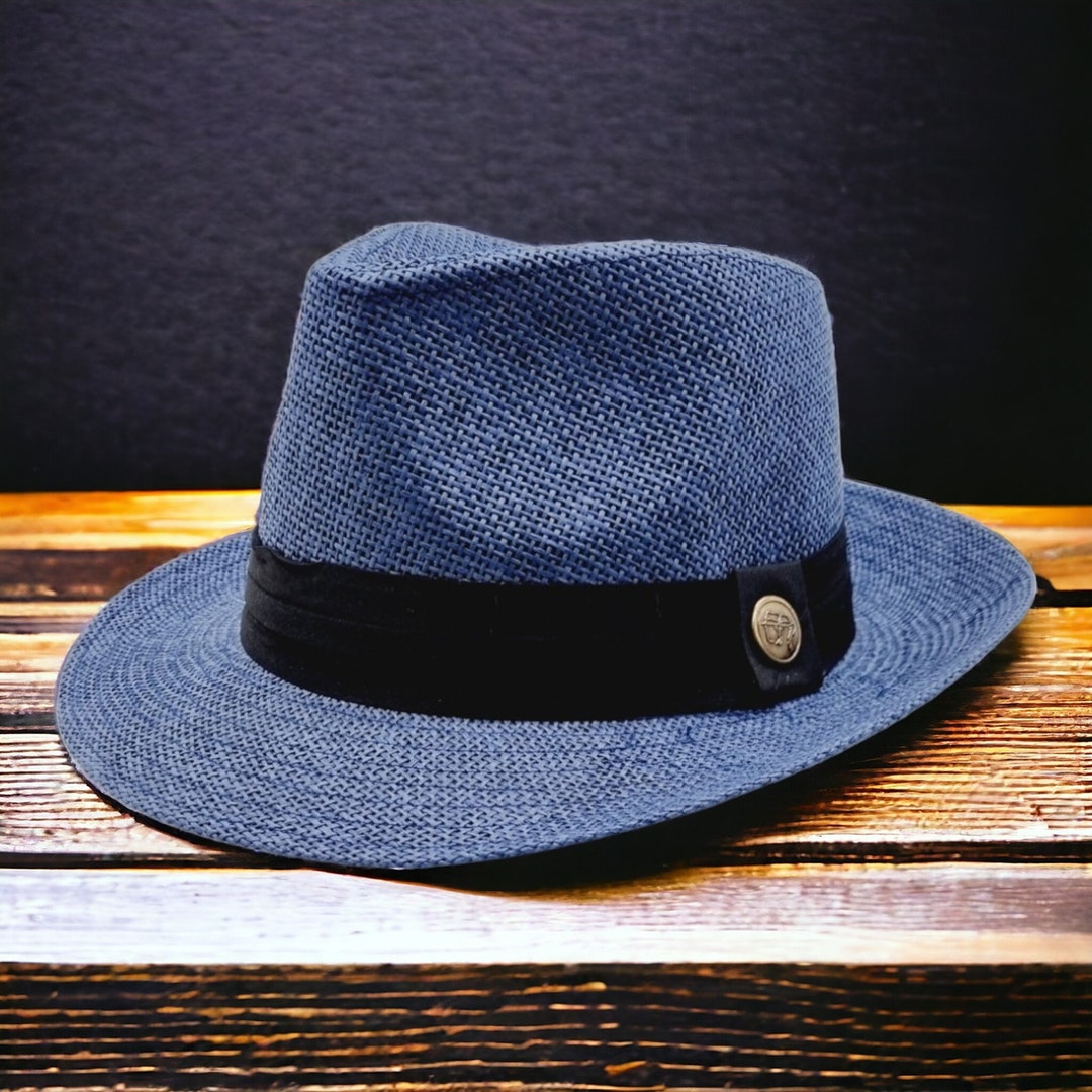 Navy Blue Unisex Straw Fedora With Black Band and Unique Back Curl ...