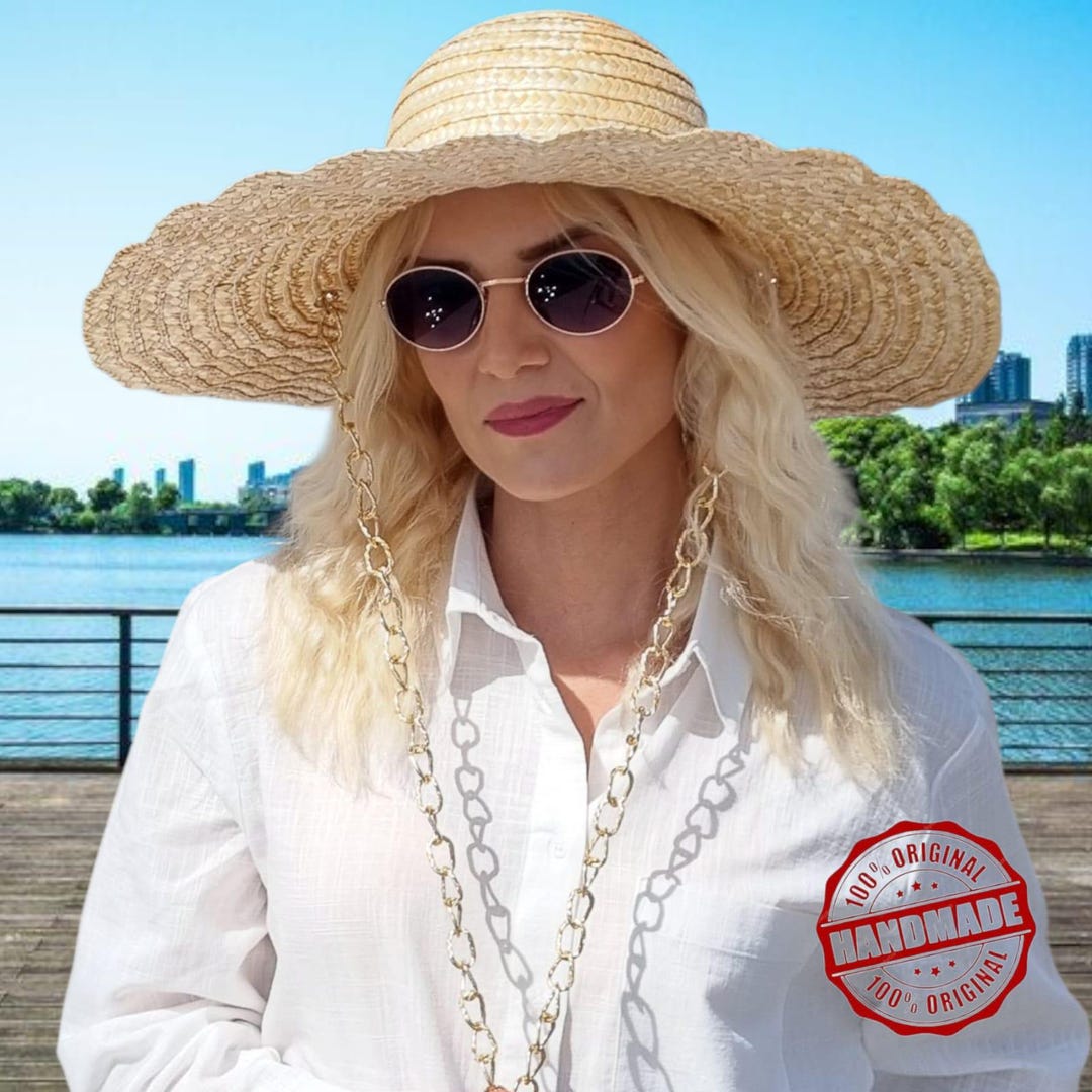 Organic Wide-brimmed Straw Hat With Golden Chains,handmade Summer Hat ...