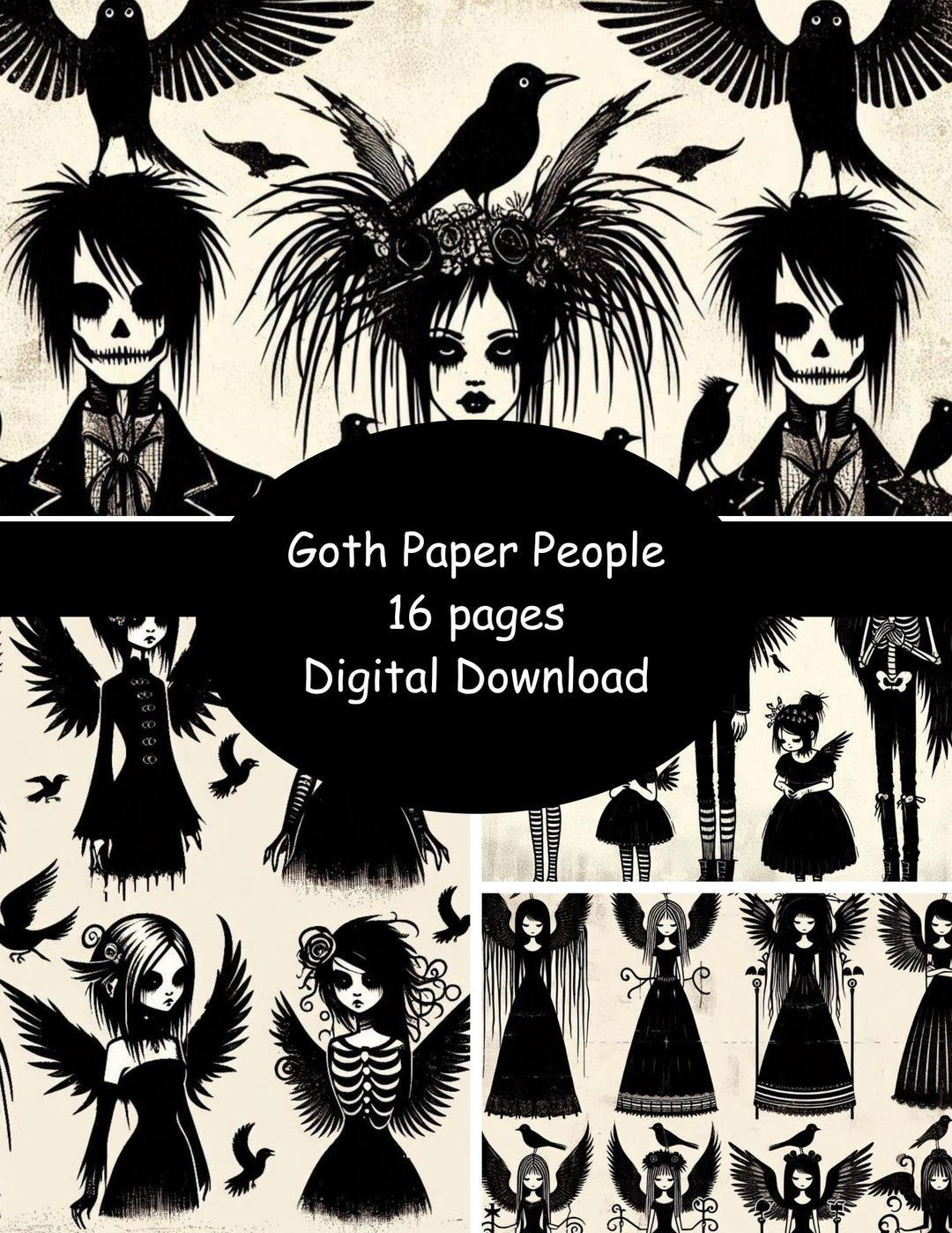 Digital Download, Goth Paper Dolls, Black and White, Skulls and Wings ...