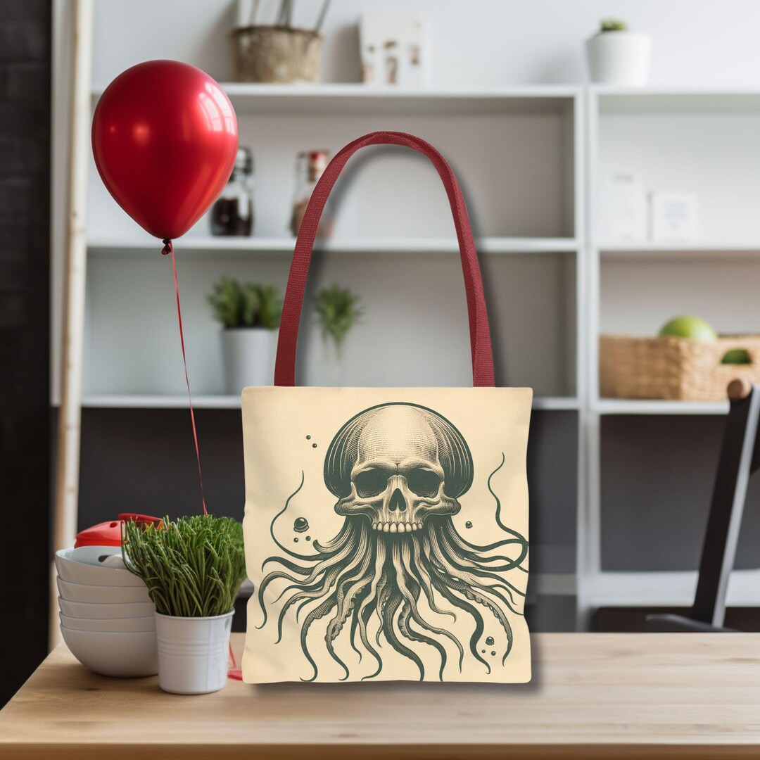 Gothic Octopus Tote Bag, Skull Print Handbag, Spooky Black Canvas Purse ...