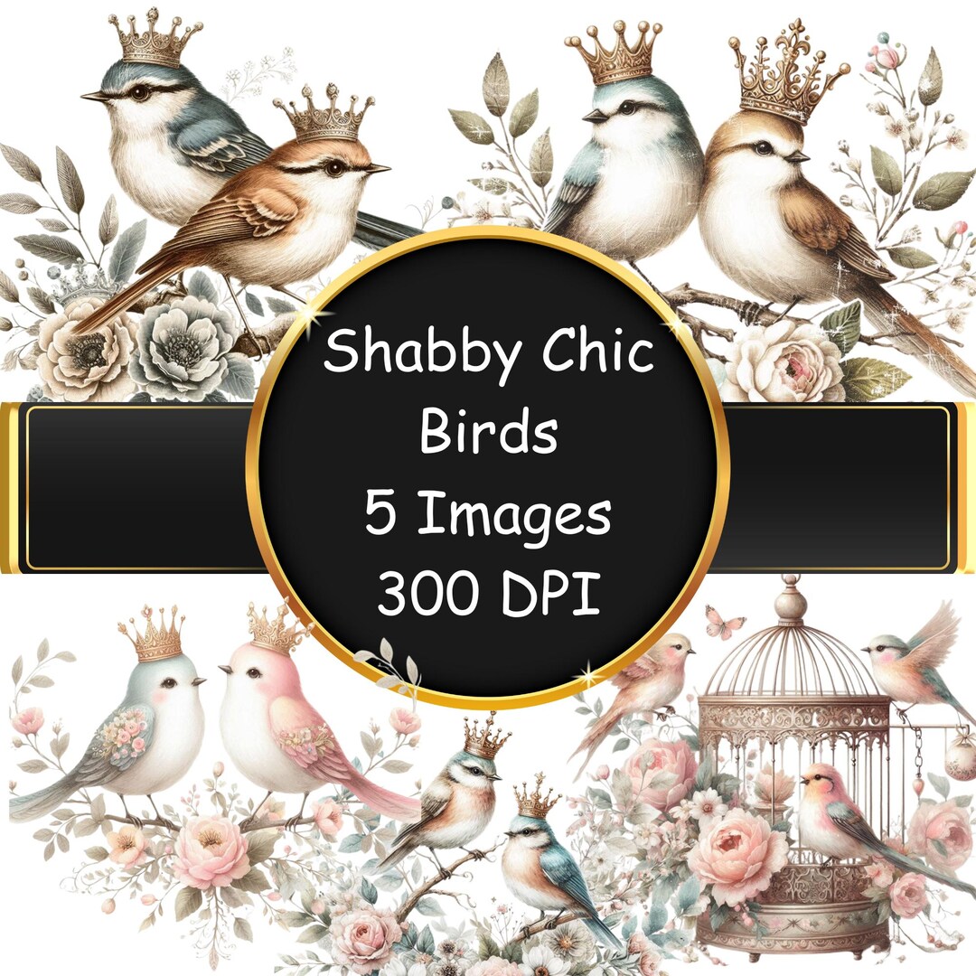 Shabby Chic Birds PNG Clipart: Crowned Vintage Images (digital Download ...