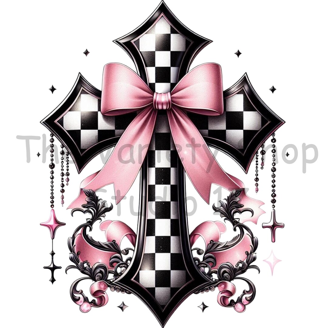 Cross PNG , Sublimation Design, Checkered Pretty Cross, Pink Bow PNG ...