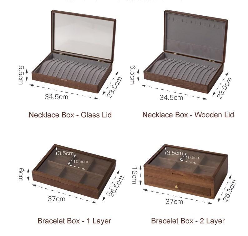 Solid Walnut Long Necklace Box, Wood/glass Lid Necklace Bracelet ...