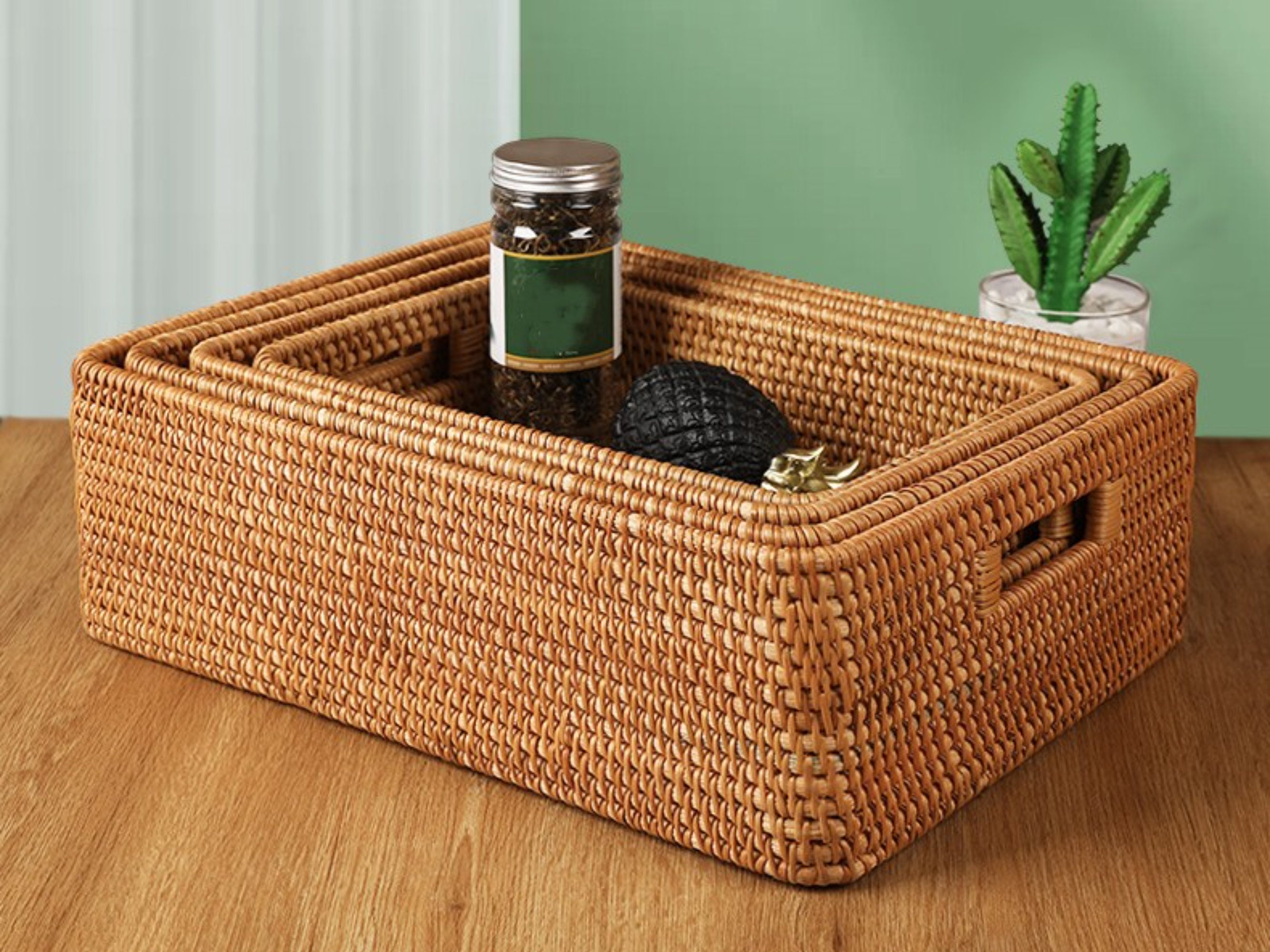 Handmade Rectangle Woven Rattan Basket and Wicker Basket for Home ...