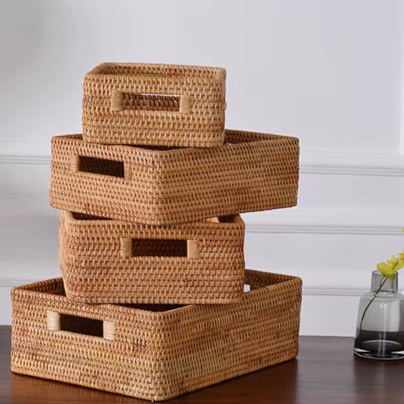 Handmade Rectangle Woven Rattan Basket and Wicker Basket for Home ...