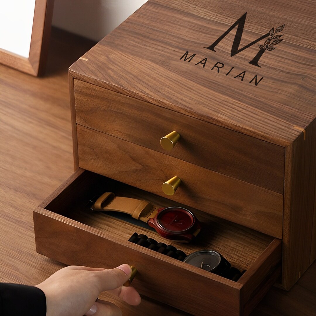 Personalized Solid Walnut Desktop Drawer Cabinet, Wooden Storage Box ...