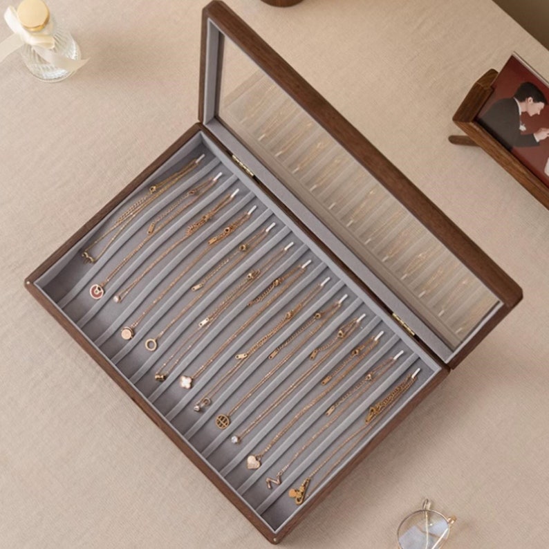 Solid Walnut Long Necklace Box, Wood/glass Lid Necklace Bracelet ...