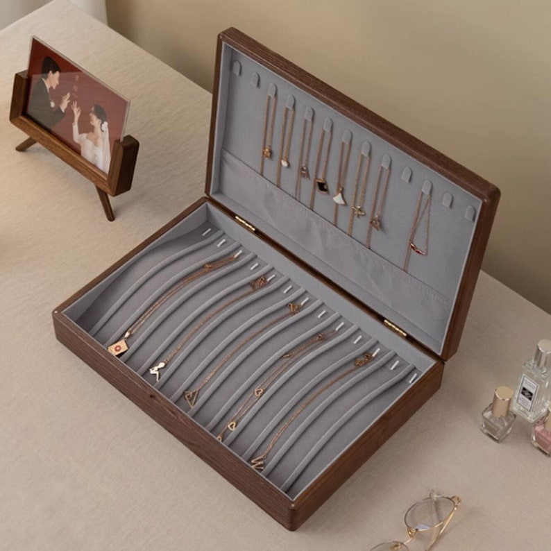 Solid Walnut Long Necklace Box, Wood/glass Lid Necklace Bracelet ...