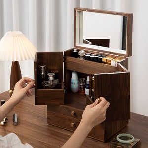 Luxury Solid Walnut Makeup Organizer Box, Extra Large Wood Cosmetic ...
