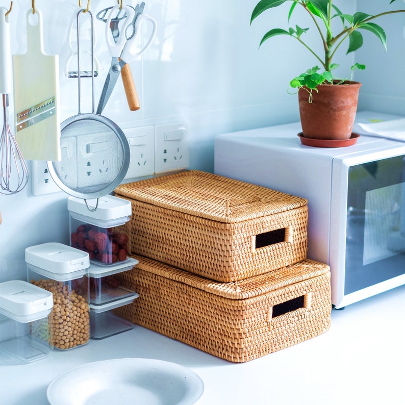 Handmade Rectangle Woven Rattan Basket With Lid and Wicker Basket for ...