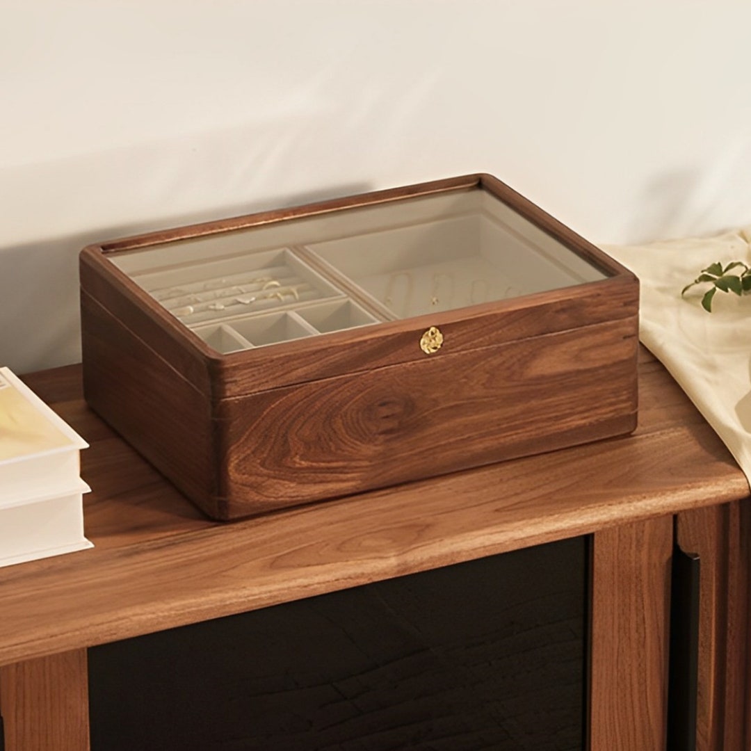 Large Glass Lid 2 Layer Jewelry Box, Solid Walnut Wood Large Jewelry ...
