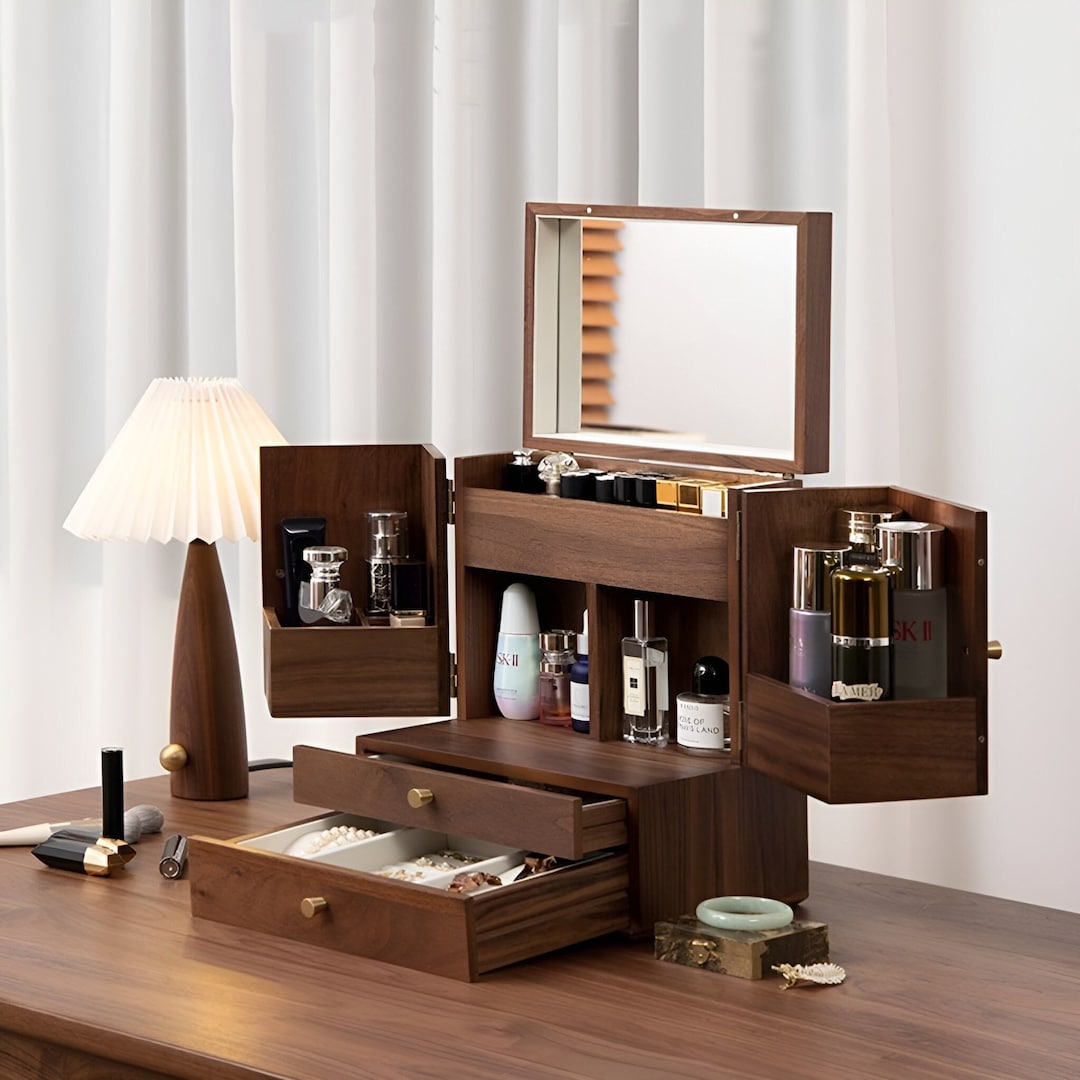 Luxury Solid Walnut Makeup Organizer Box, Extra Large Wood Cosmetic ...