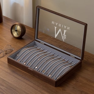 Solid Walnut Long Necklace Box, Wood/glass Lid Necklace Bracelet ...