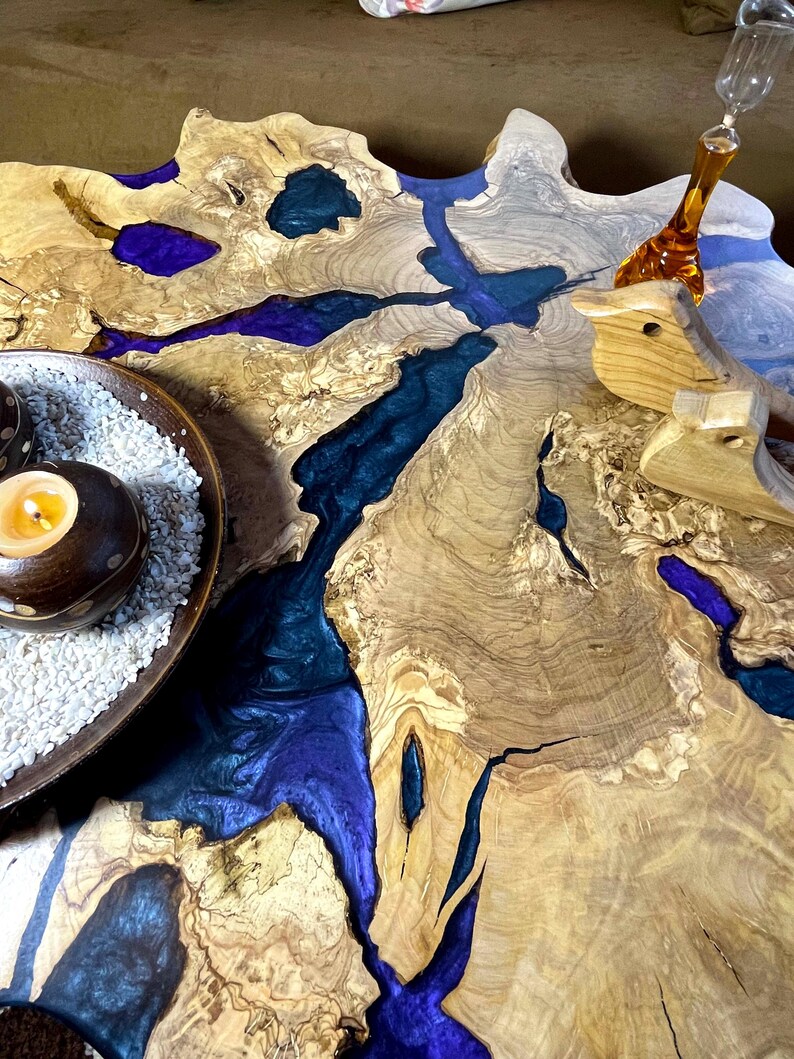 Customizable Live Edge Olive Wood Coffee Table: Blue Purple Epoxy River ...