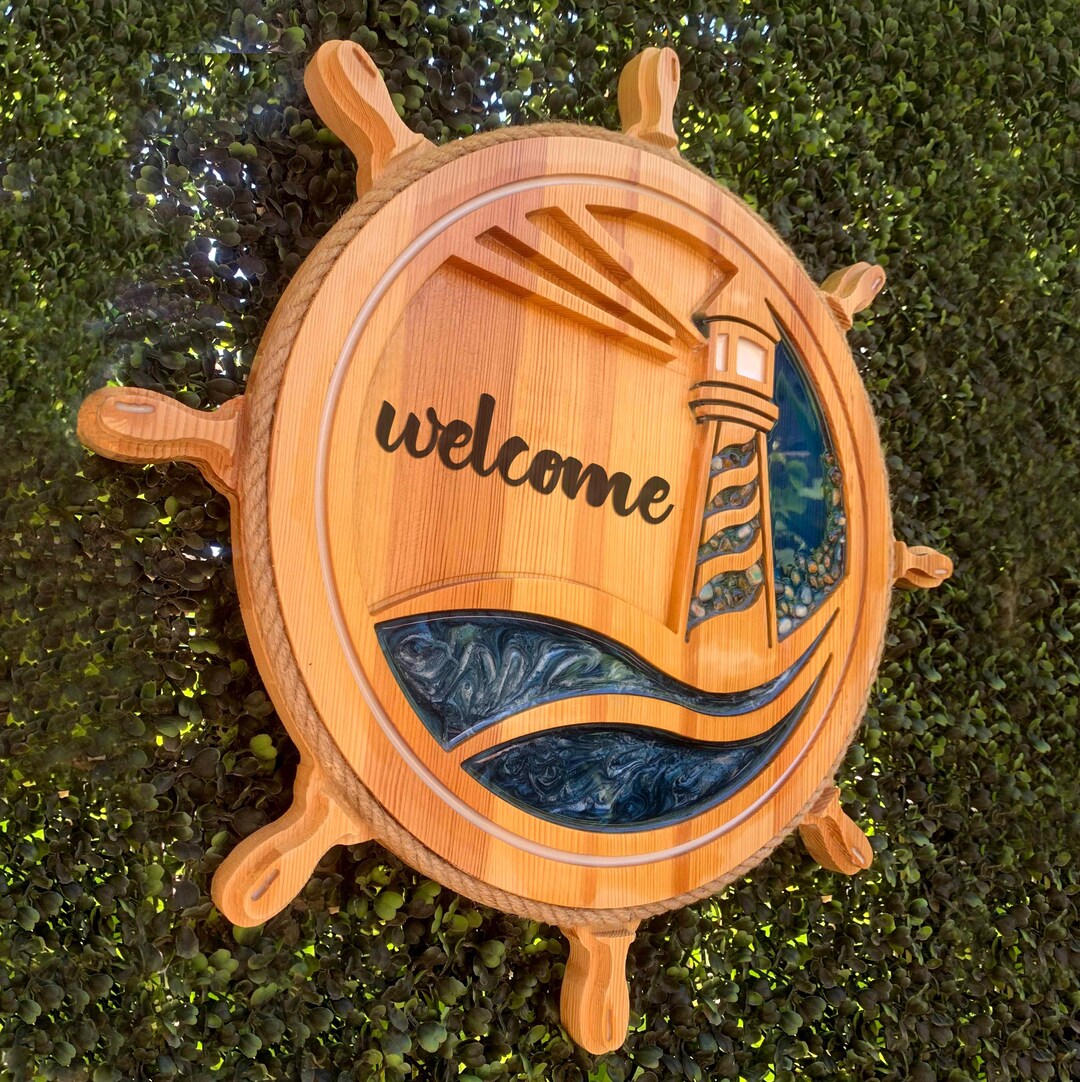 Nautical Welcome Sign: Wood Ship Wheel With Lighthouse & Resin Waves - Etsy