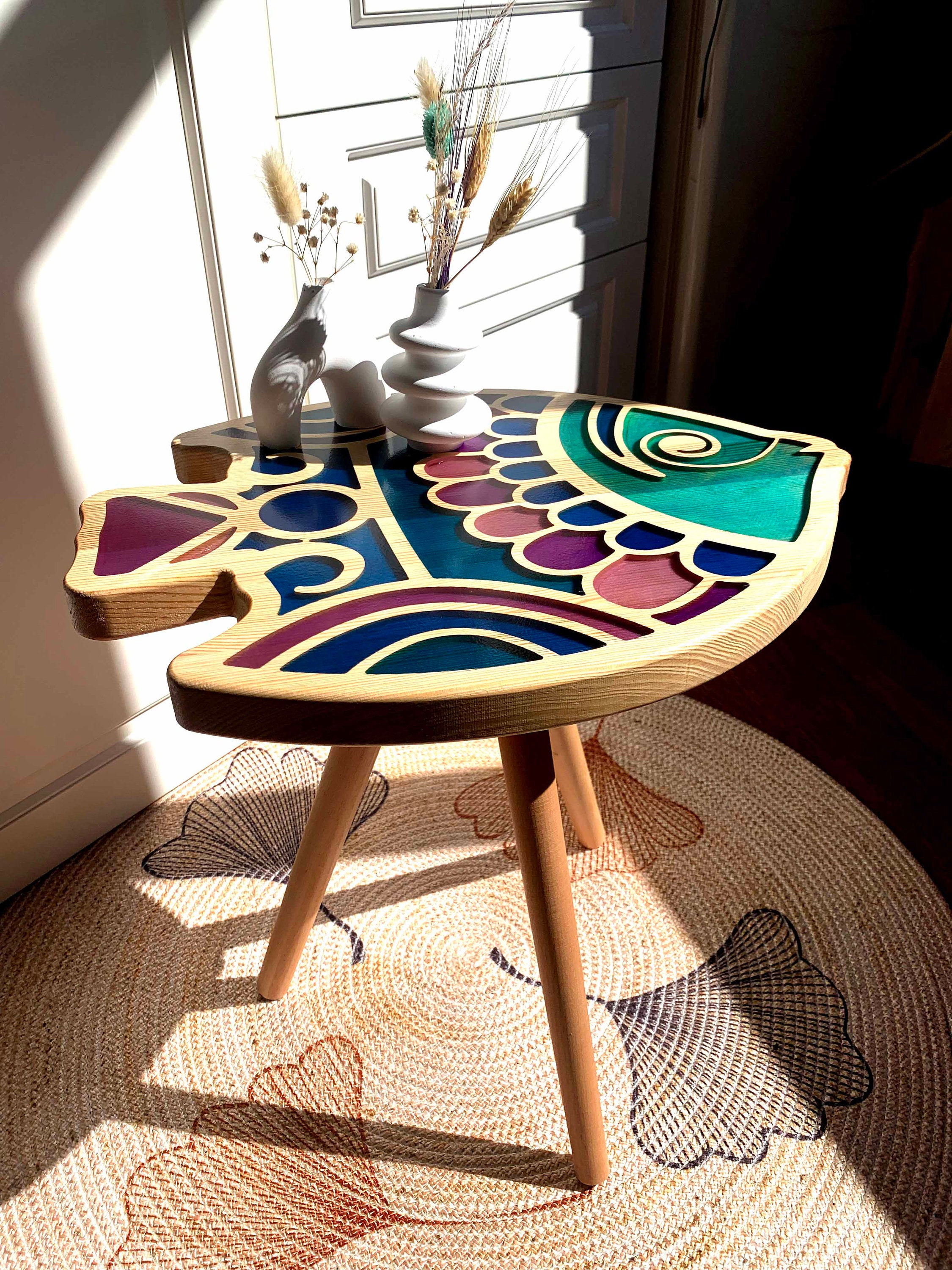 Handmade Wooden Resin Fish Figure Coffee Table Wood Slab Fish Shaped ...