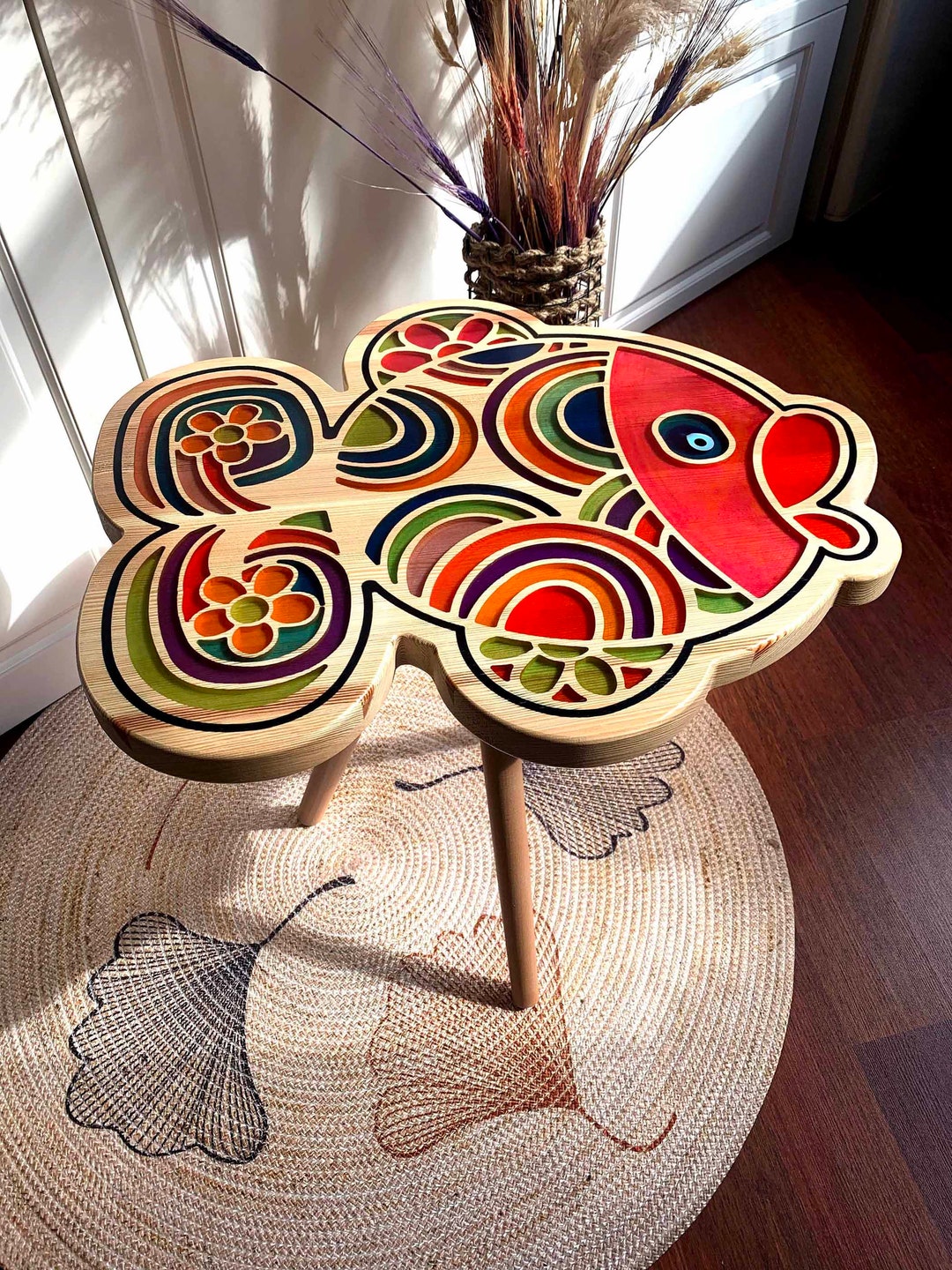 Colorful Fish Resin Coffee Table - Custom Wood Side Table, Artistic ...