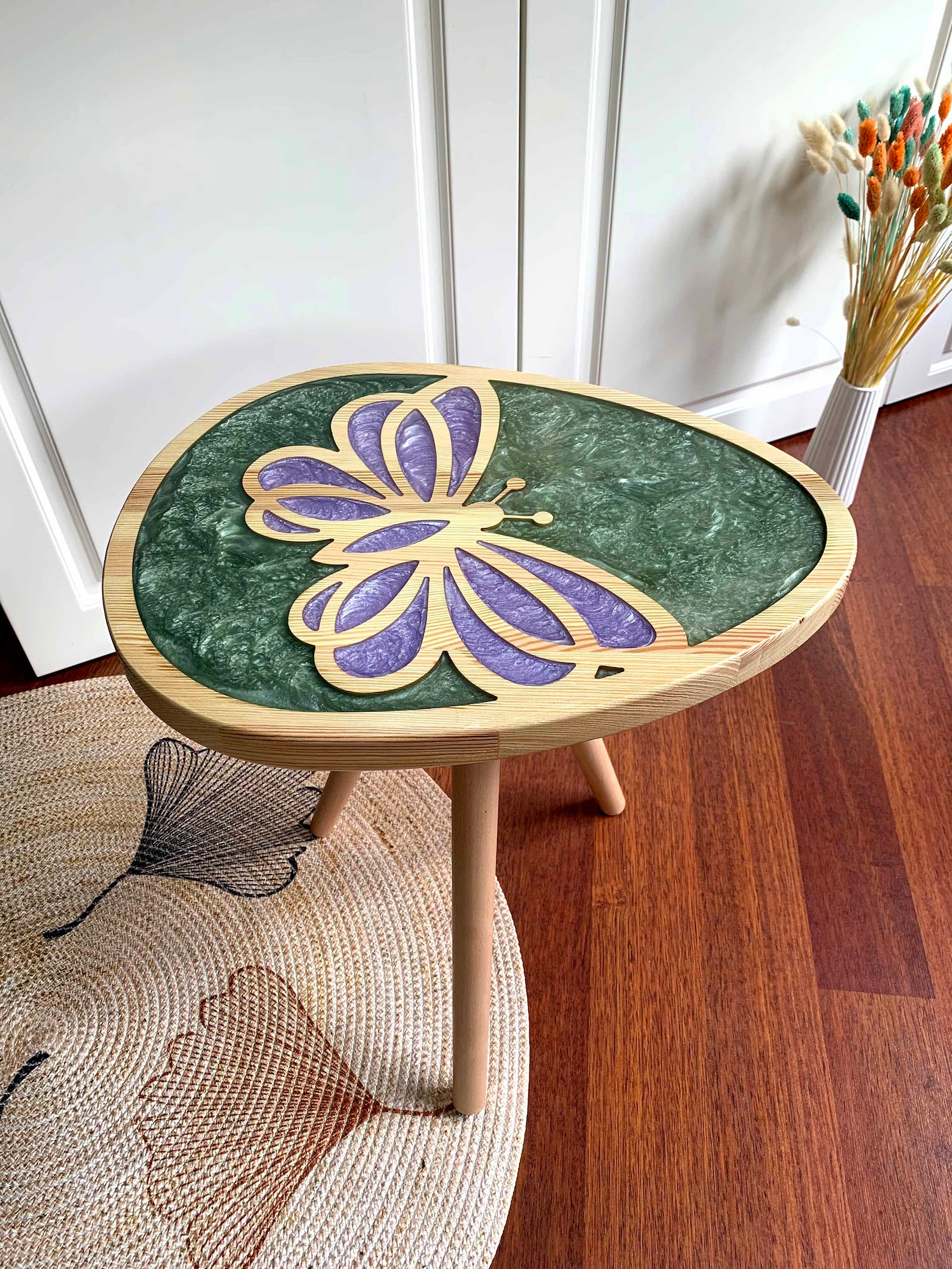 Wooden Ellipse Coffee Table With Epoxy Butterfly Purple Butterfly Side ...