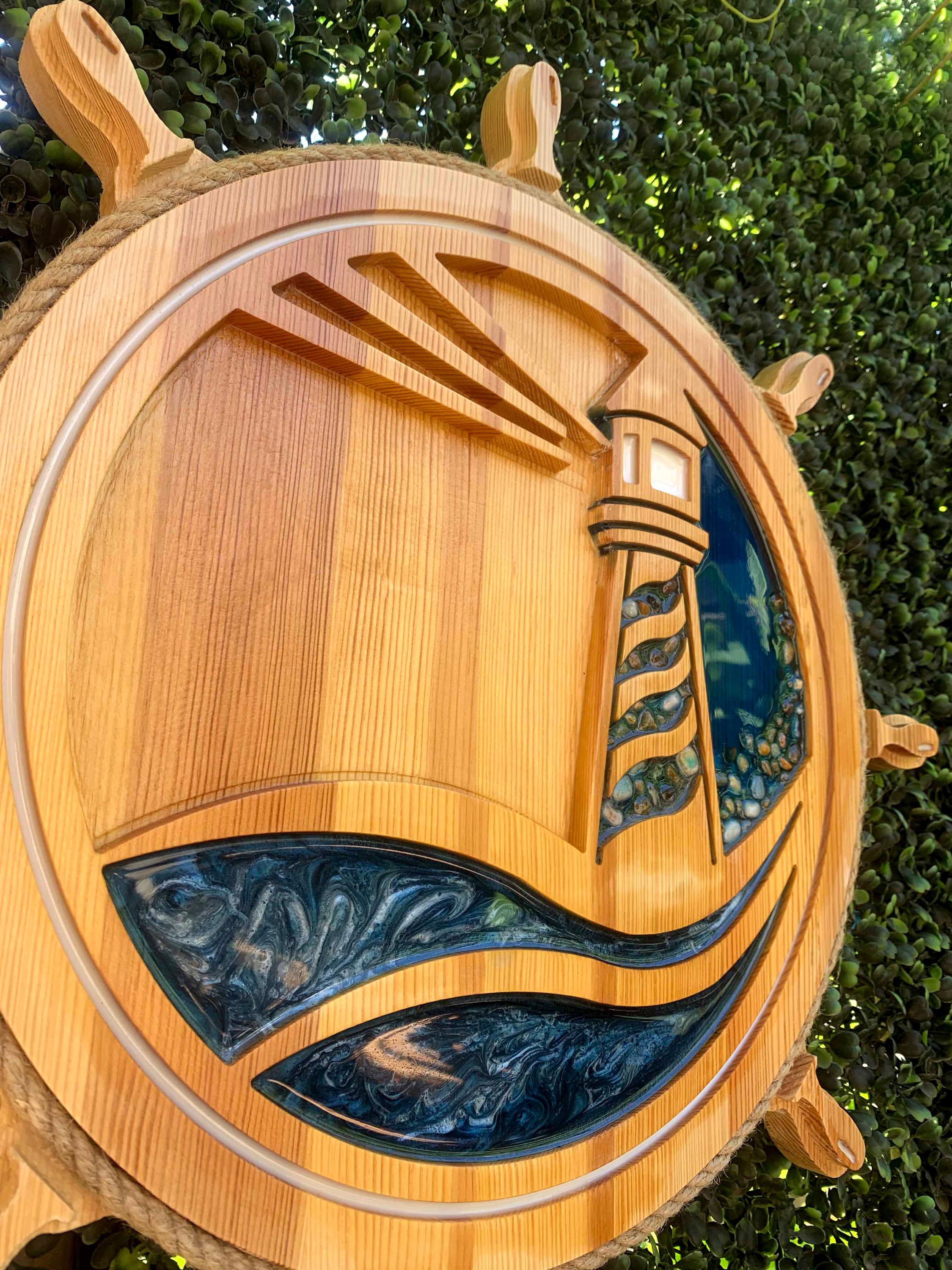 Nautical Welcome Sign: Wood Ship Wheel With Lighthouse & Resin Waves - Etsy