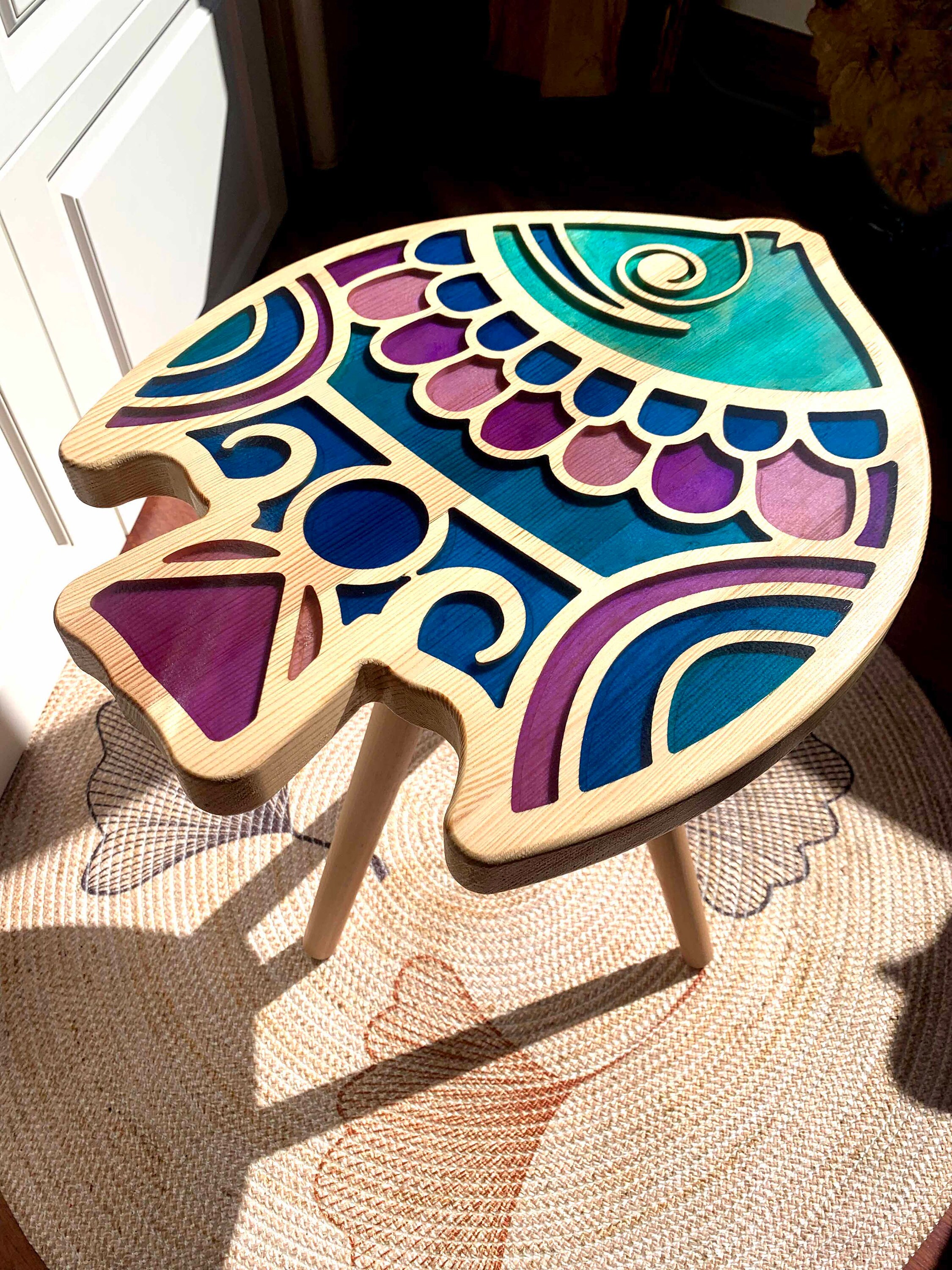 Handmade Wooden Resin Fish Figure Coffee Table Wood Slab Fish Shaped ...