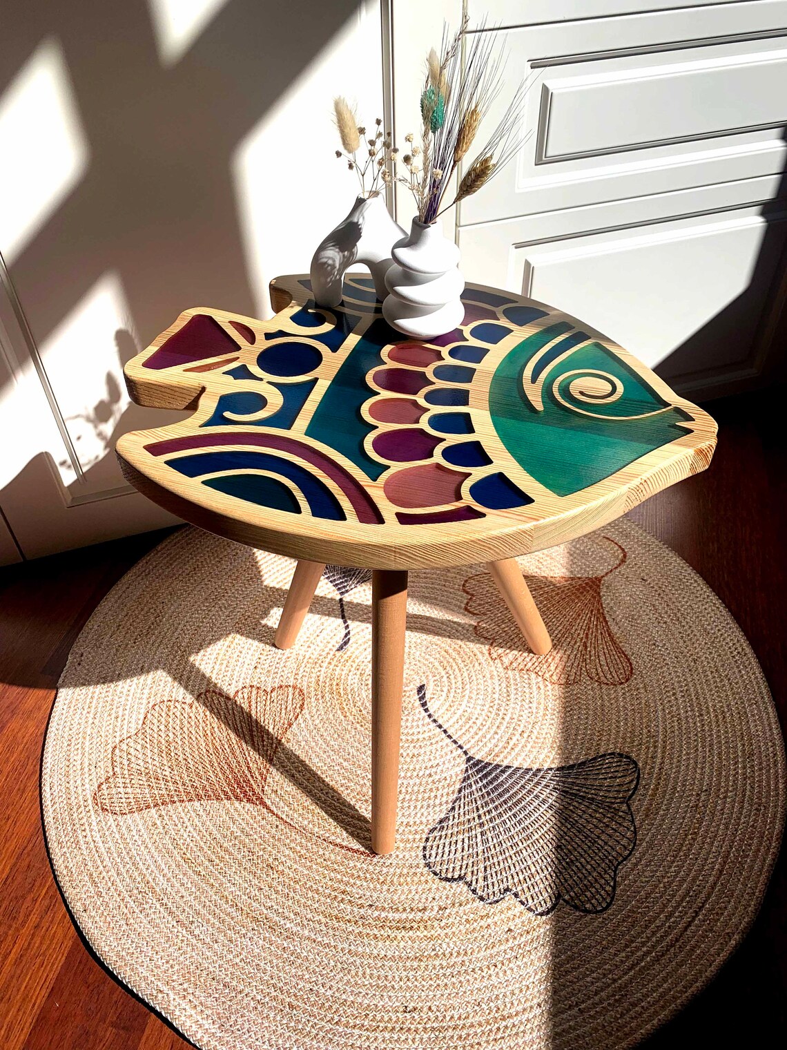 Handmade Wooden Resin Fish Figure Coffee Table Wood Slab Fish Shaped ...