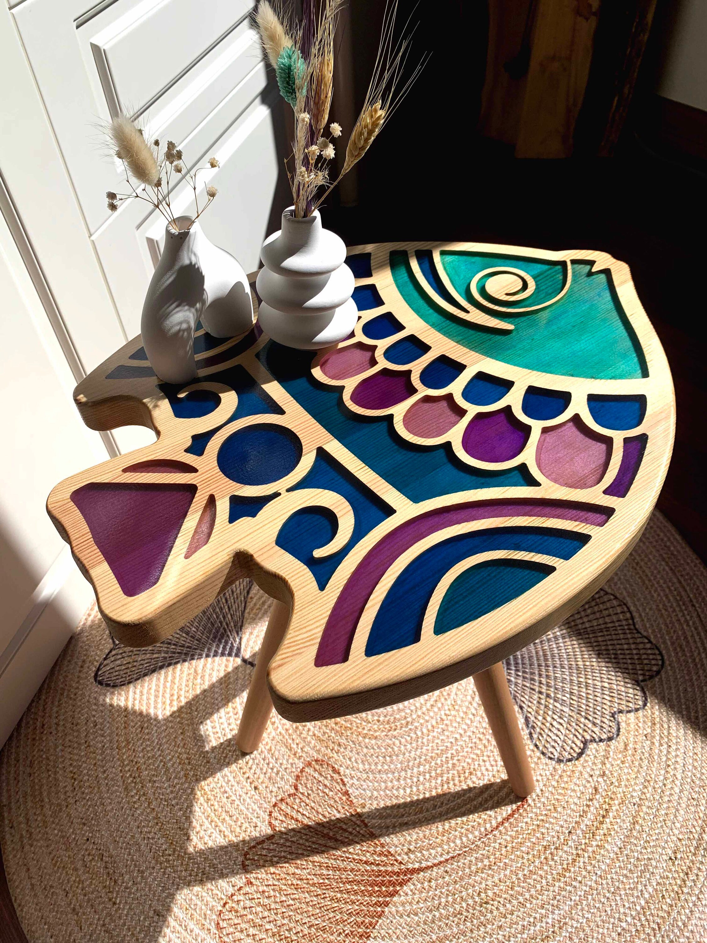 Handmade Wooden Resin Fish Figure Coffee Table Wood Slab Fish Shaped ...