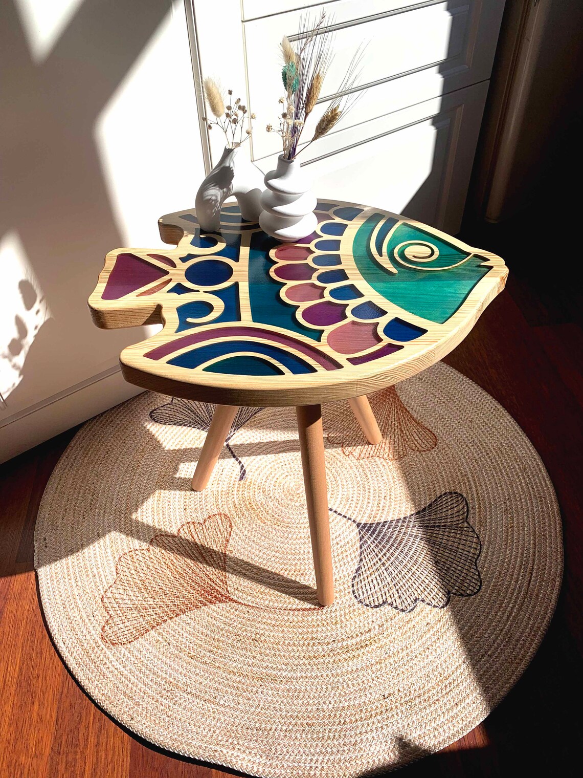 Handmade Wooden Resin Fish Figure Coffee Table Wood Slab Fish Shaped ...