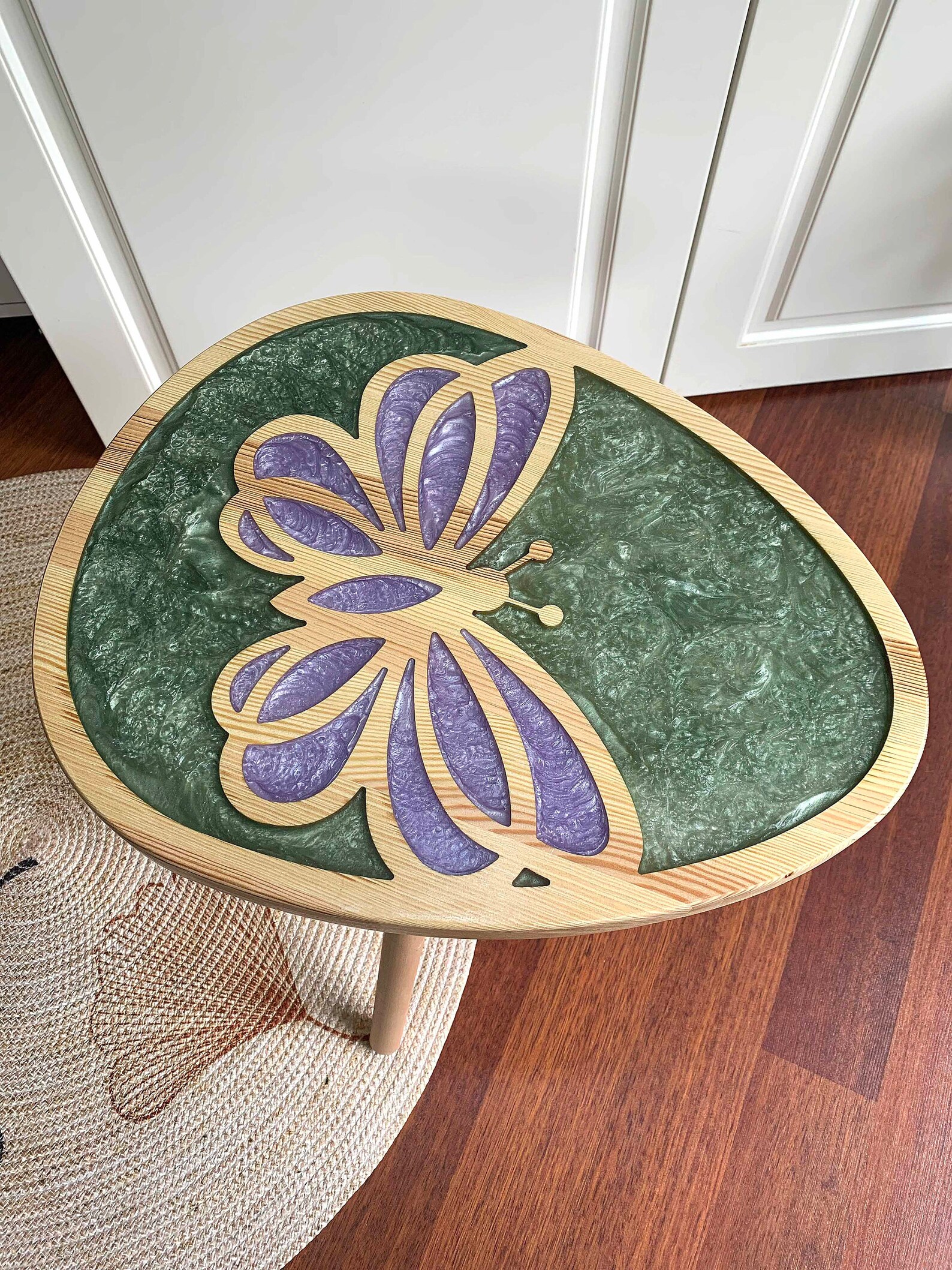 Wooden Ellipse Coffee Table With Epoxy Butterfly - Purple Butterfly ...