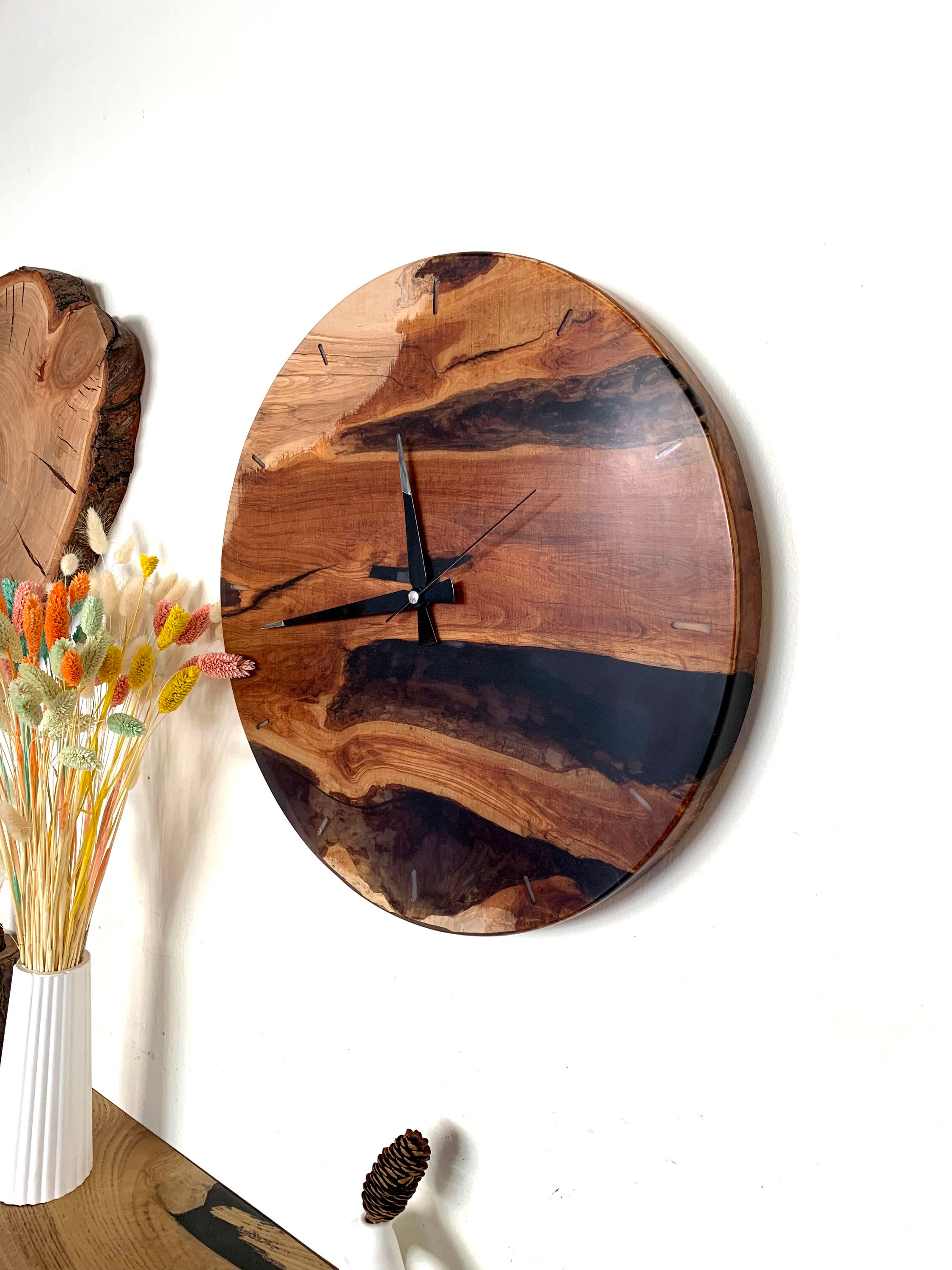 Natural Olive Wood Wall Clock With Black Epoxy Resin Handmade Resin ...
