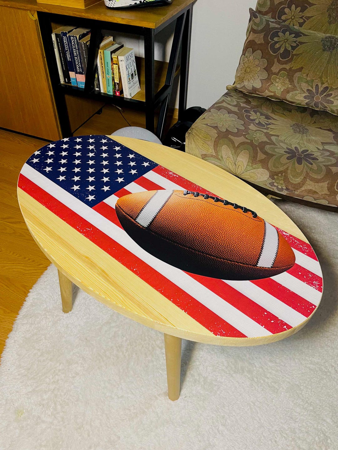 Handmade Oval Wood Coffee Table: American Football & Flag Design - Etsy